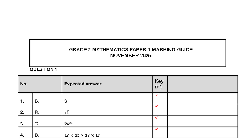 Grade 7 Math Paper 1 Marking Guide - Nov 2025 - Studocu