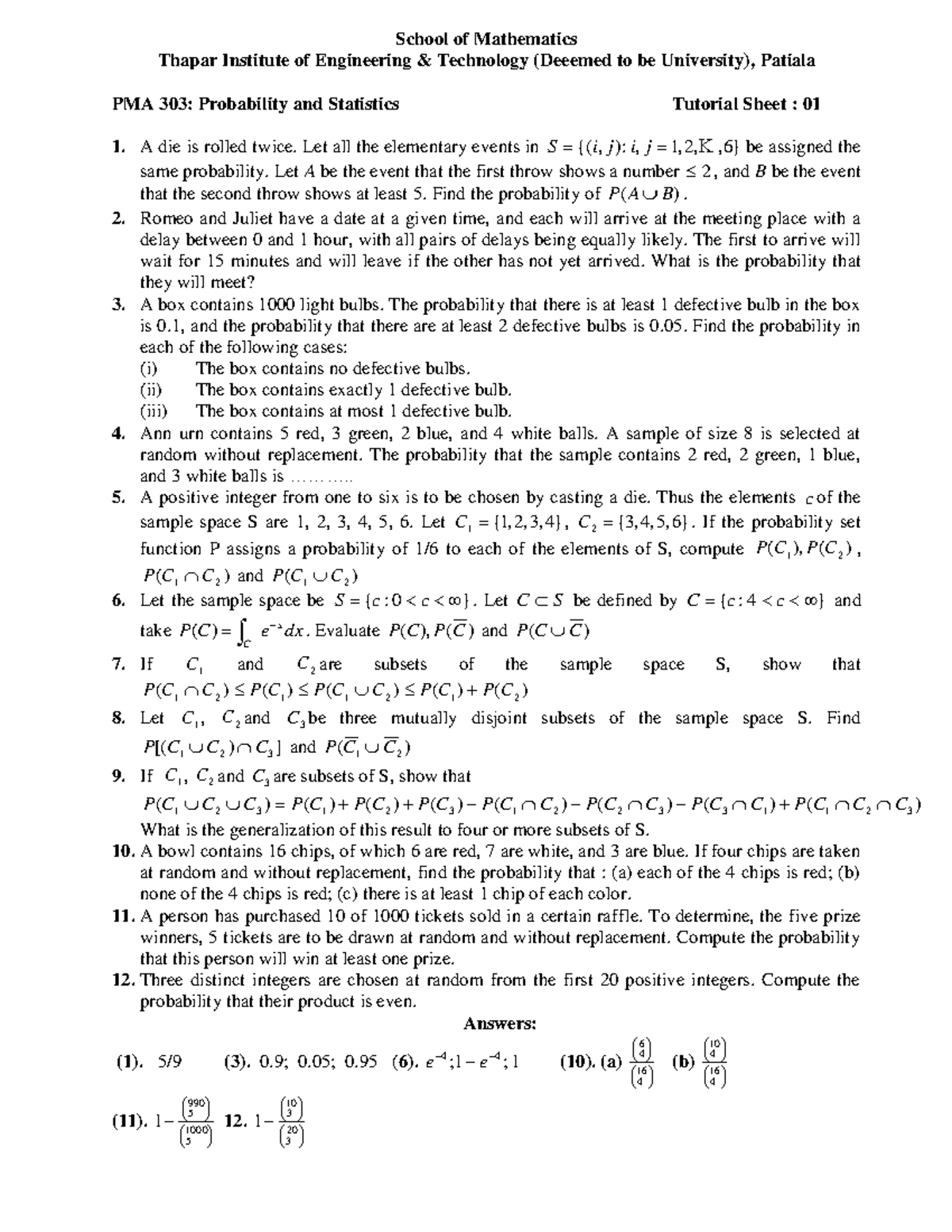 PMA 303: Probability and Statistics Tutorial Sheet 01 - Studocu