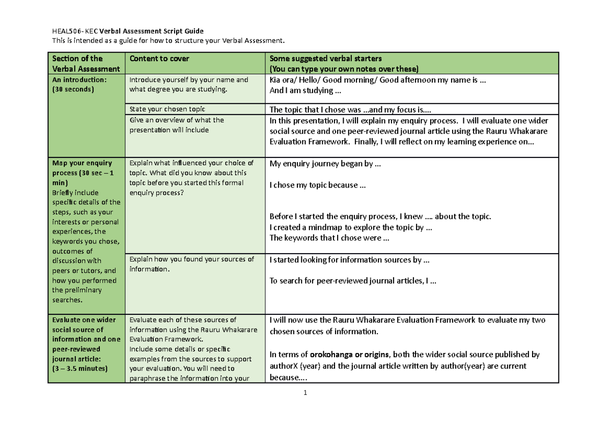 HEAL506 - KEC S2 2022 Verbal Assessment Script Guide -1 - This is ...