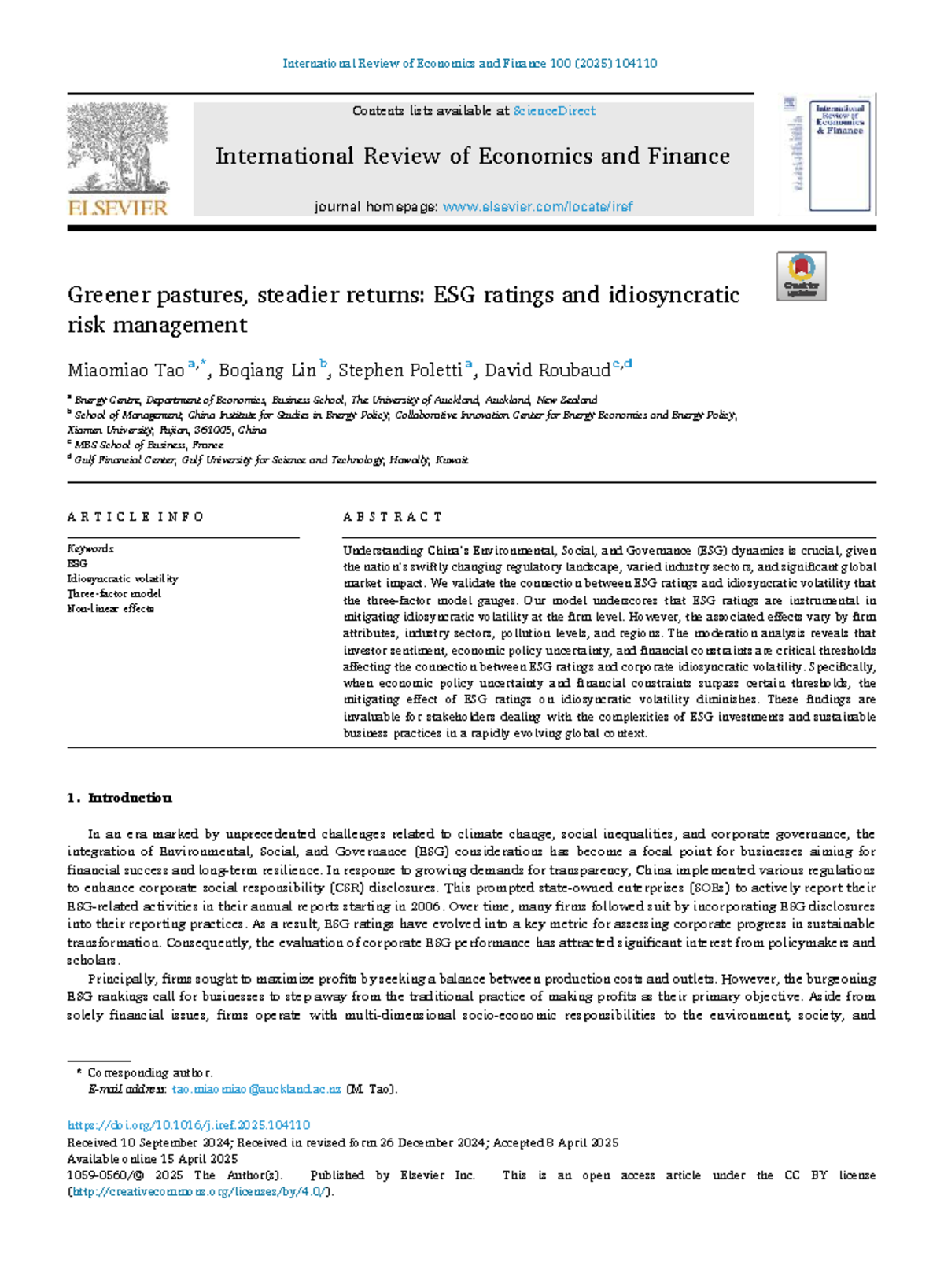 ESG Ratings and Idiosyncratic Volatility: Insights from IREF 100 (2025) - Studocu