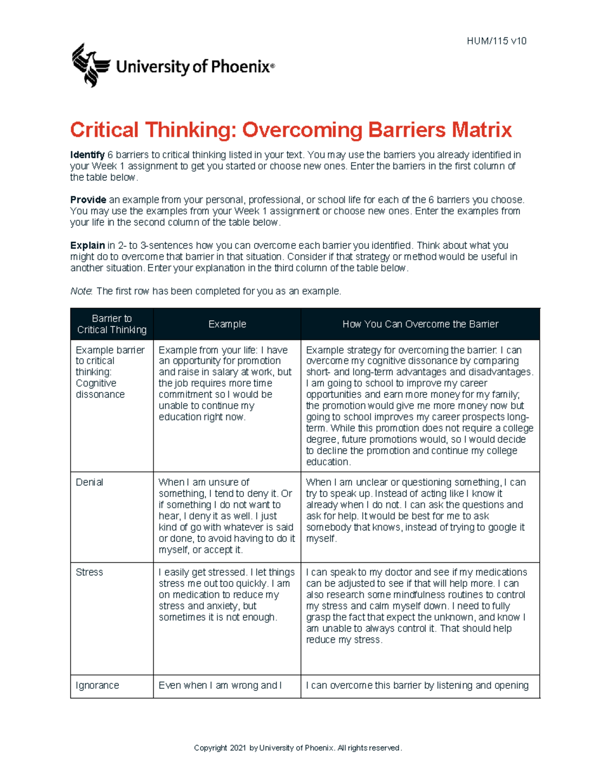 HUM/115 v10 Week 3 Critical Thinking: Overcoming Barriers Matrix - Studocu
