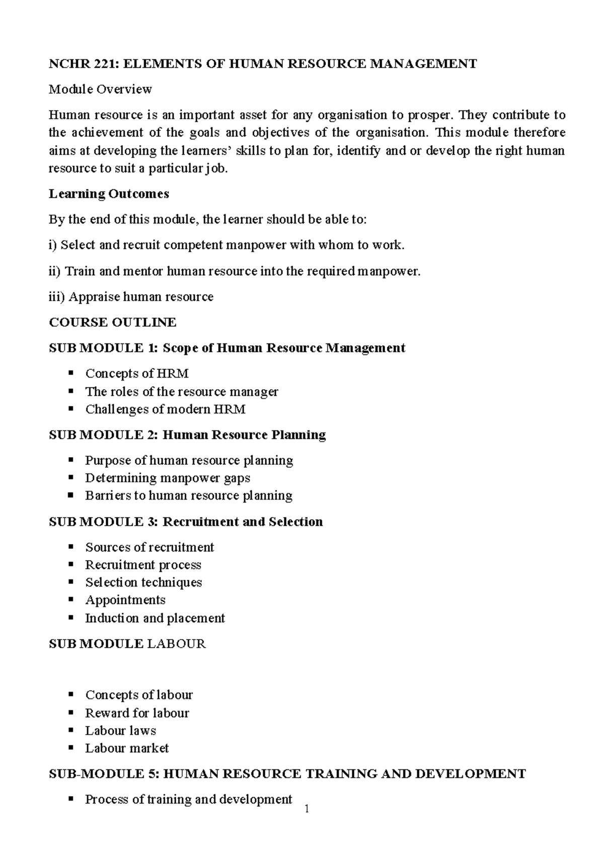 NCHR 221: Elements of Human Resource Management Overview and Notes ...