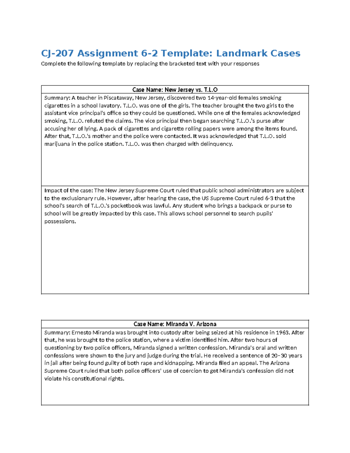 CJ-207 Assignment 6-2: Landmark Cases Analysis Template - Studocu
