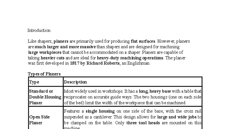 Planer Overview: Types, Parts, and Working Principles - Studocu