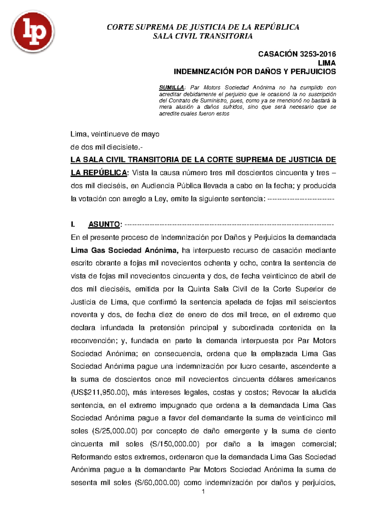 Casación 3253-2016 LIMA: Indemnización por Daños y Perjuicios en Caso ...
