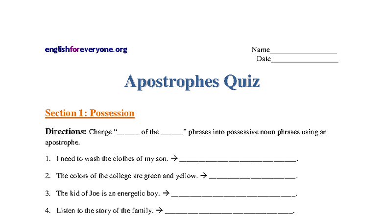 Apostrophes Practice Quiz (ENG101) - Studocu