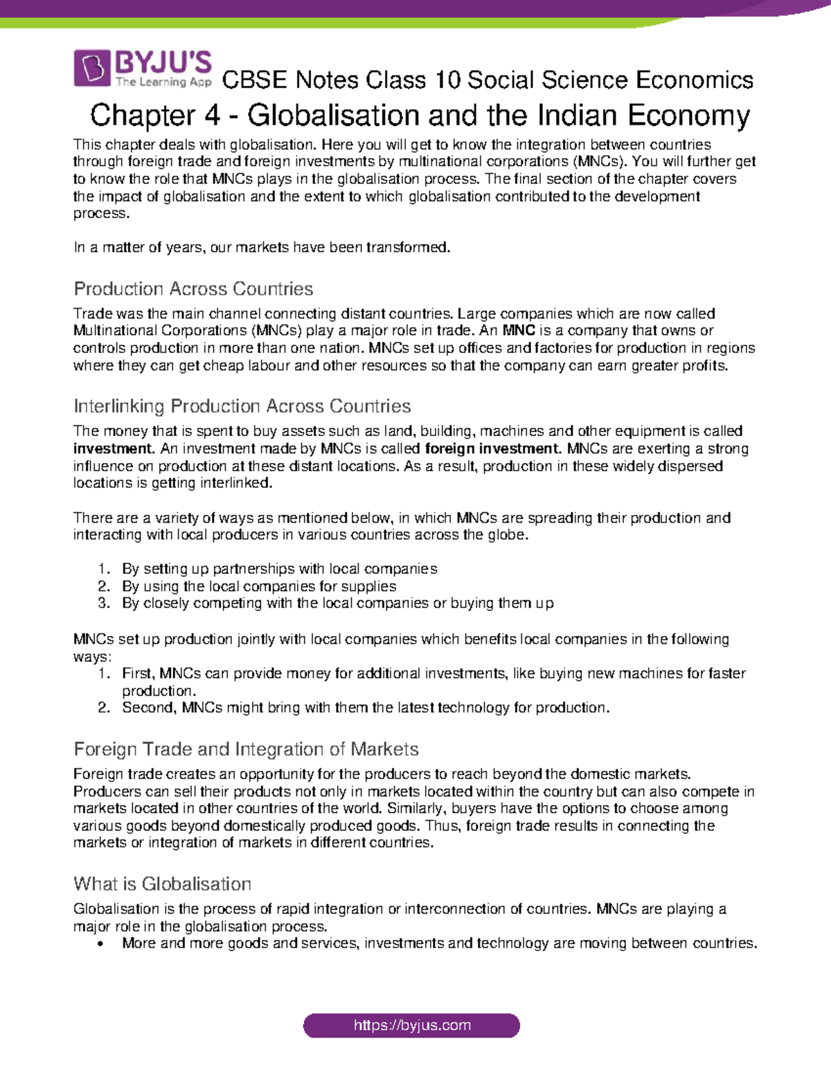 CBSE Notes Class 10 Social Science Economics Chapter 4 Globalisation ...