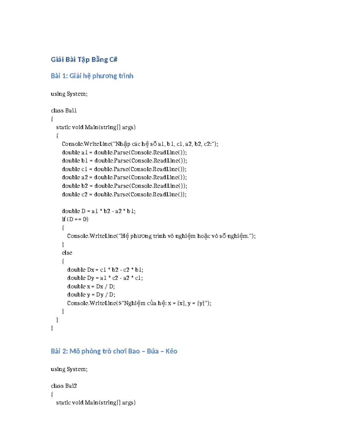 Bai Tap CSharp - BTVN - Giải Bài Tập Bằng C# Bài 1: Giải hệ phương ...