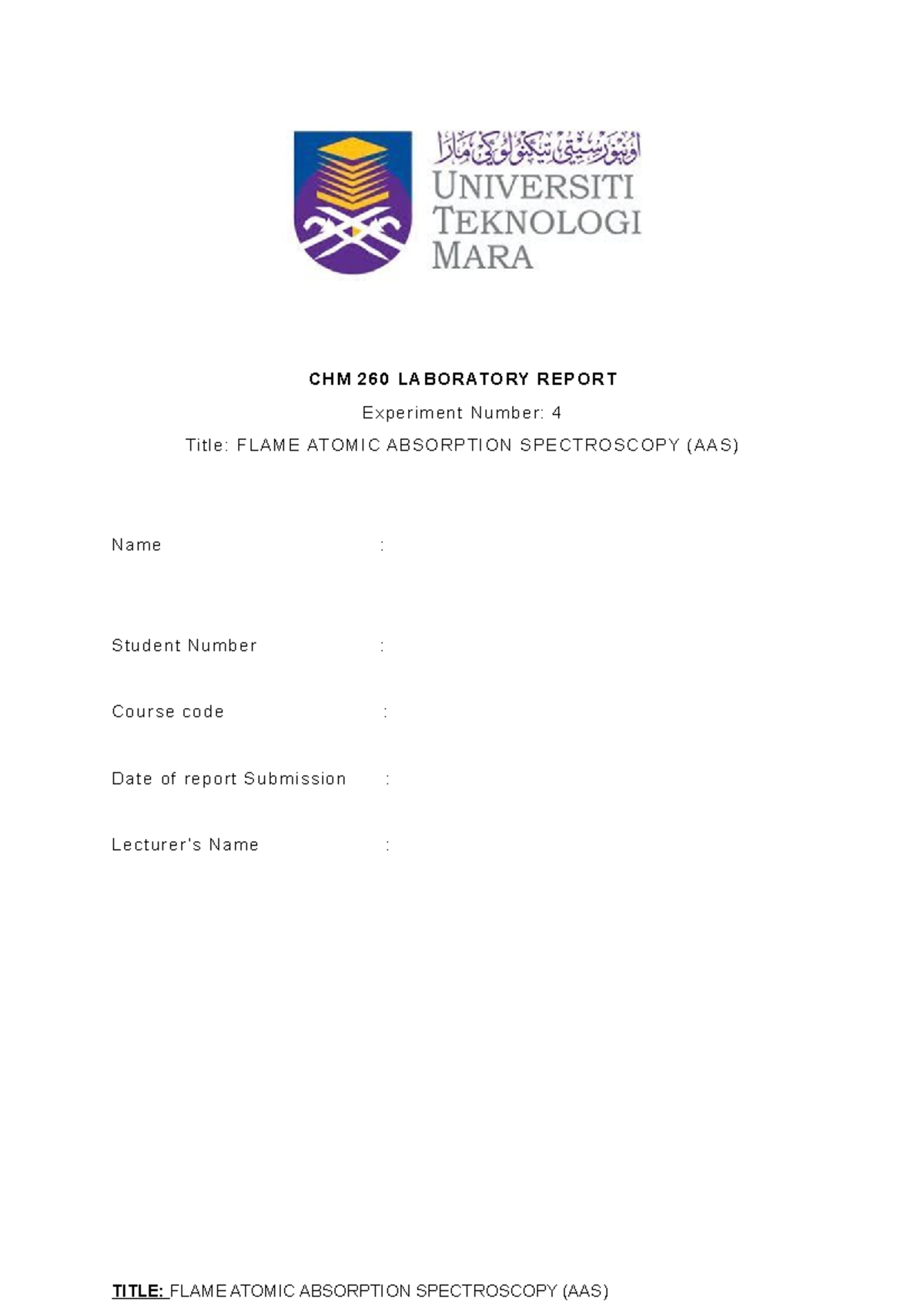 CHM260 EXP4 LAB Report: Flame AAS for Calcium Analysis - Studocu
