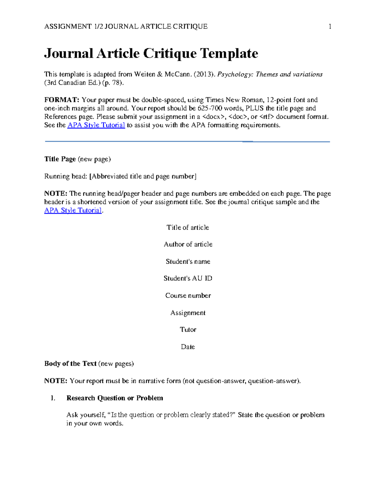 PSYC290 Journal Article Critique Template and Guidelines - Studocu