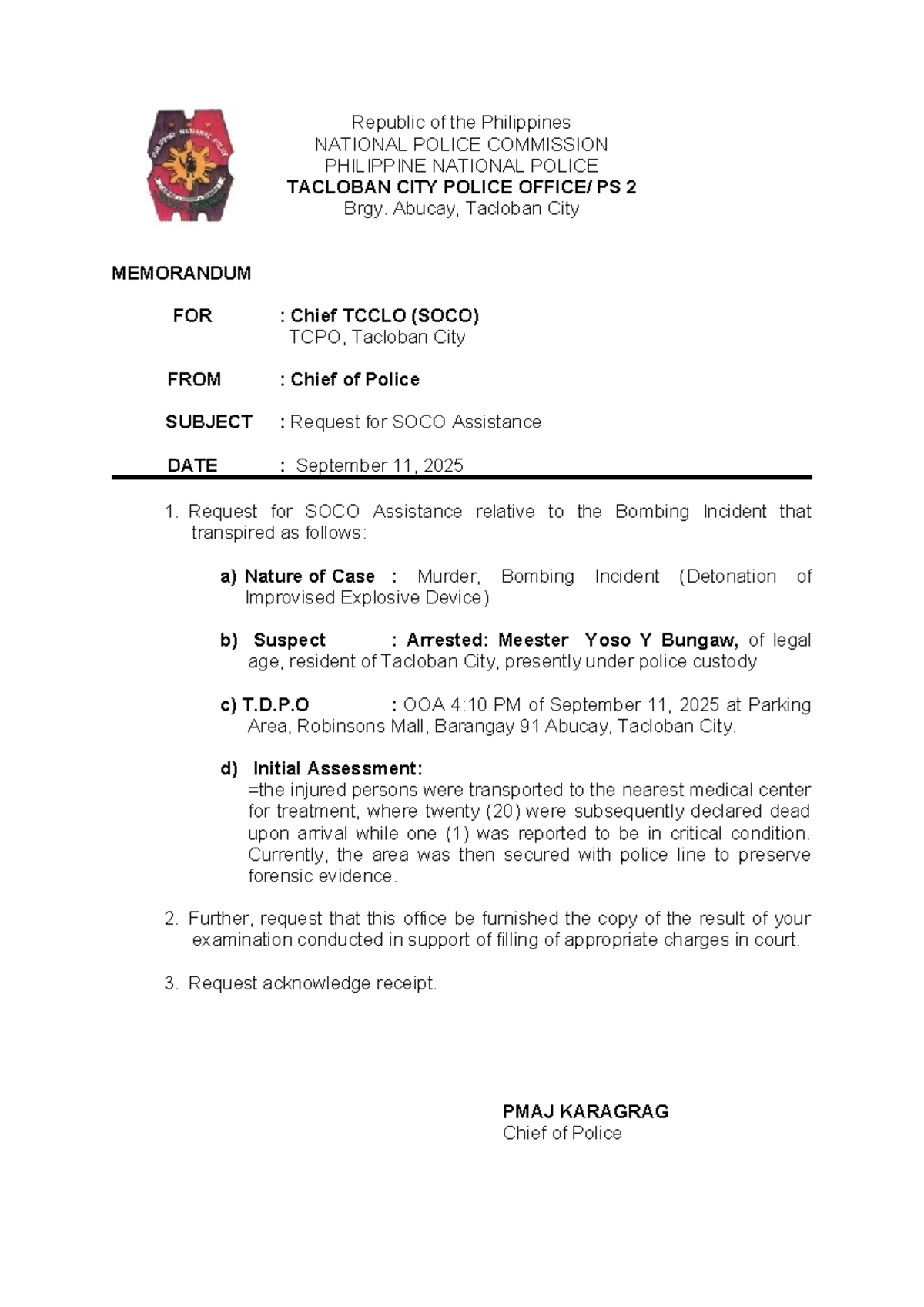 Request for SOCO Assistance on Bombing Incident - Tacloban City - Studocu