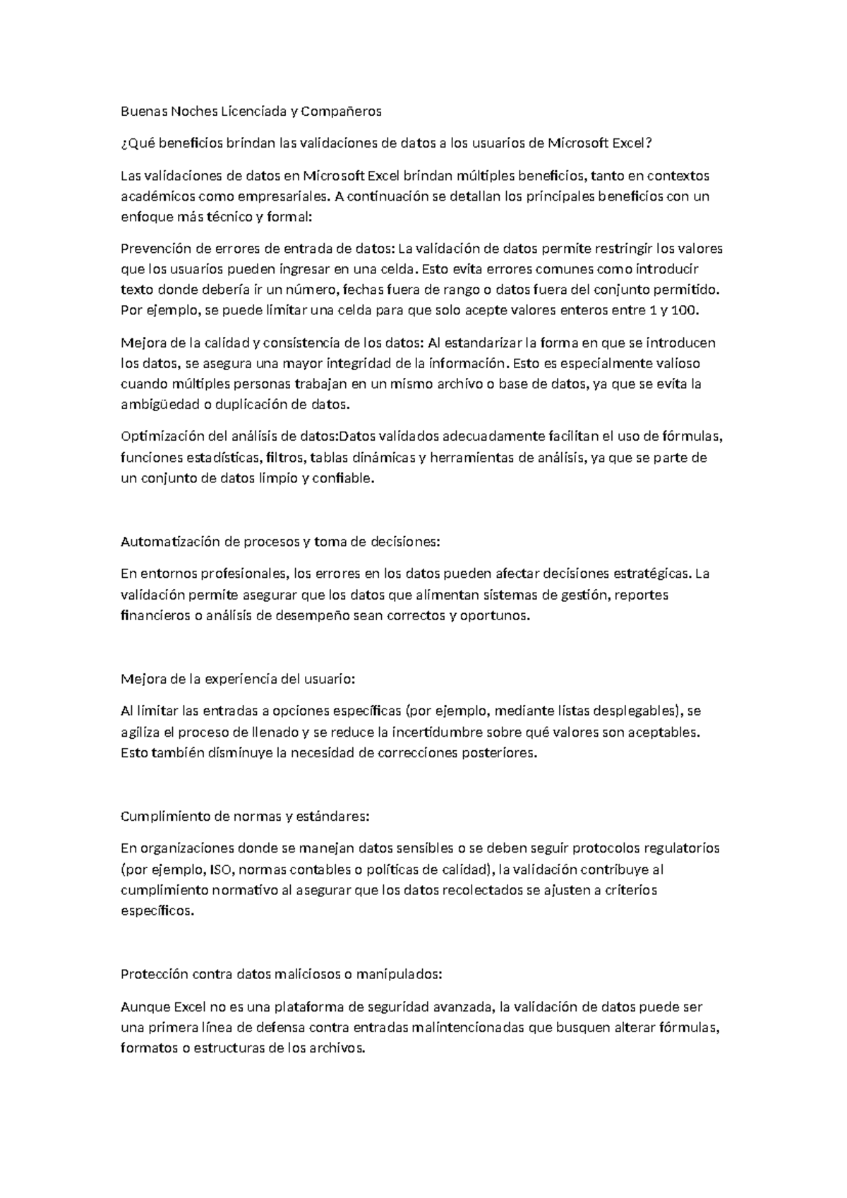 Beneficios de las Validaciones de Datos en Excel - OFIMATICA II - Studocu