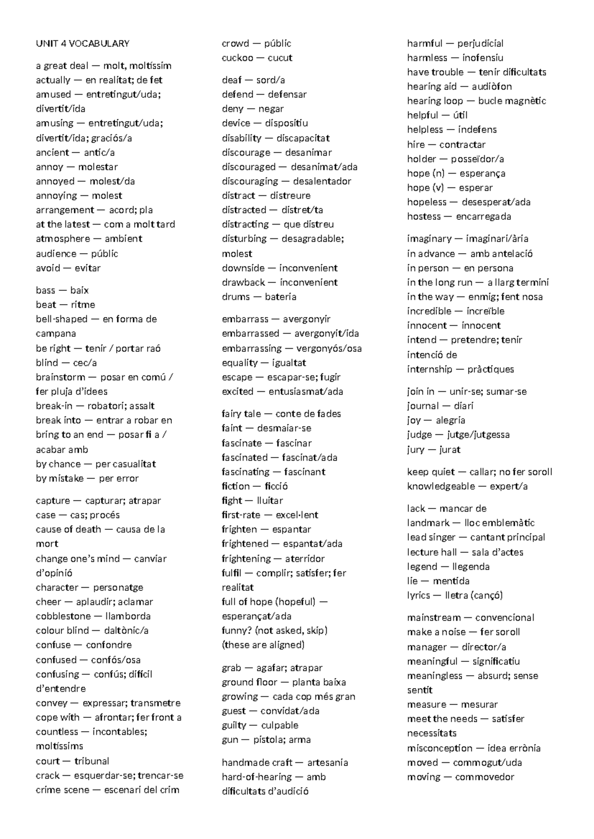 VOC Skills 1 UNIT 4 - Vocabulary List and Translations - Studocu