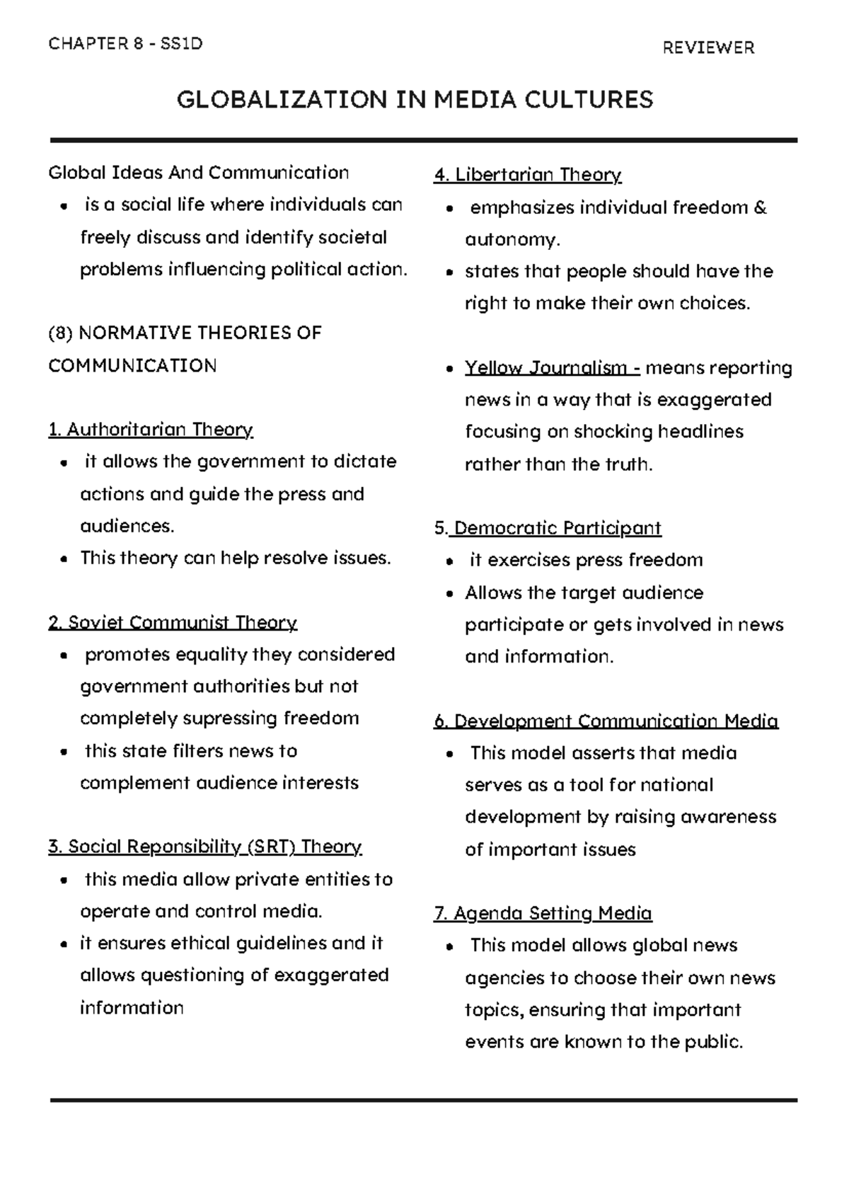 SS1D CHAPTER 8 REVIEWER: Globalization in Media Cultures - Studocu