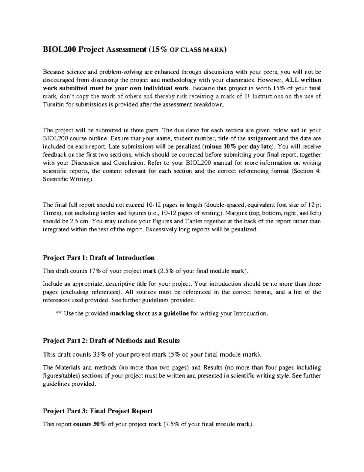 BIOL200 Project Assessment: Guidelines for Submission and Evaluation - Studocu