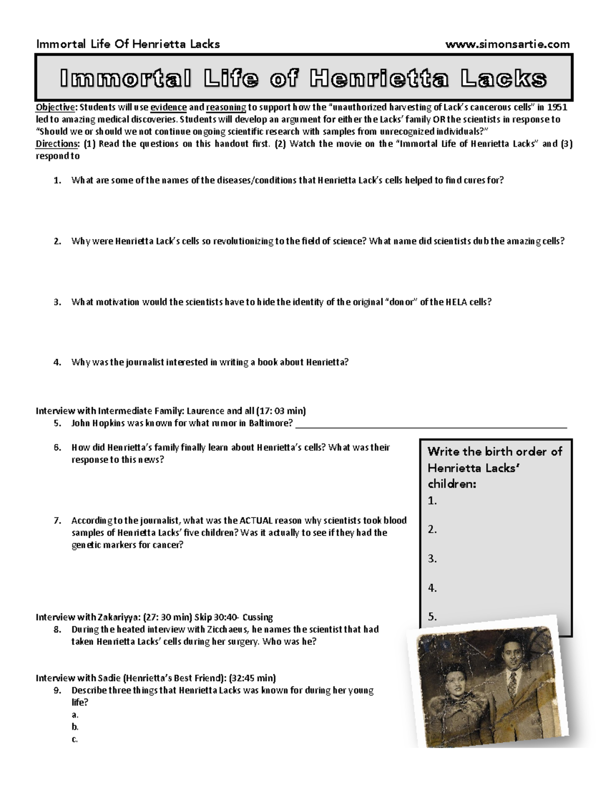 Movie Worksheet The Immortal Lifeof Henrietta Lacks-1 - Immortal Life ...