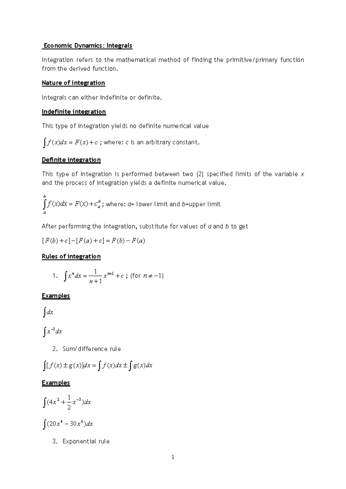 Economic Dynamics: Integrals and Their Applications (ECO 101) - Studocu