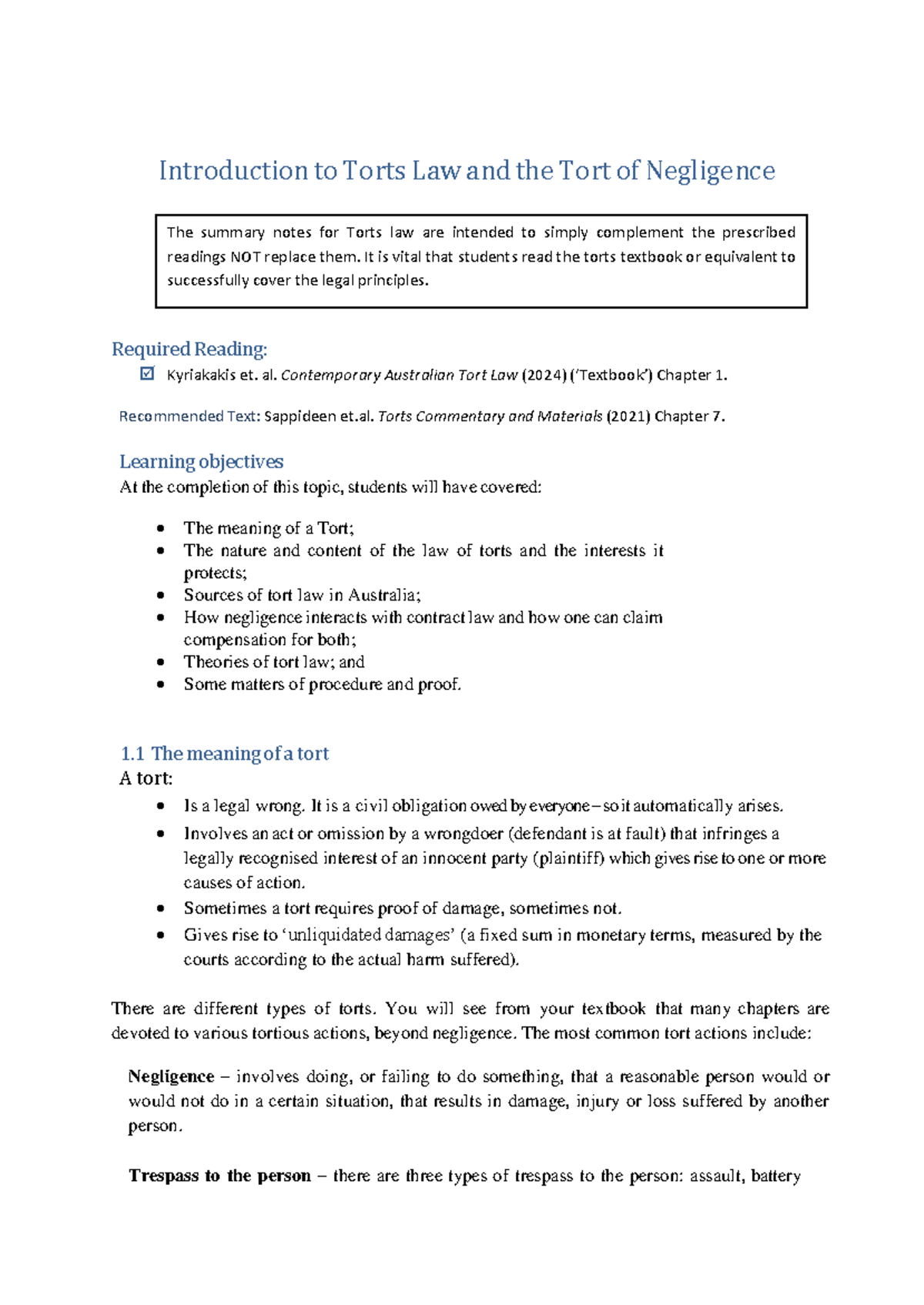 Summary Notes: Introduction to Torts Law (TORT101) - Negligence Focus ...