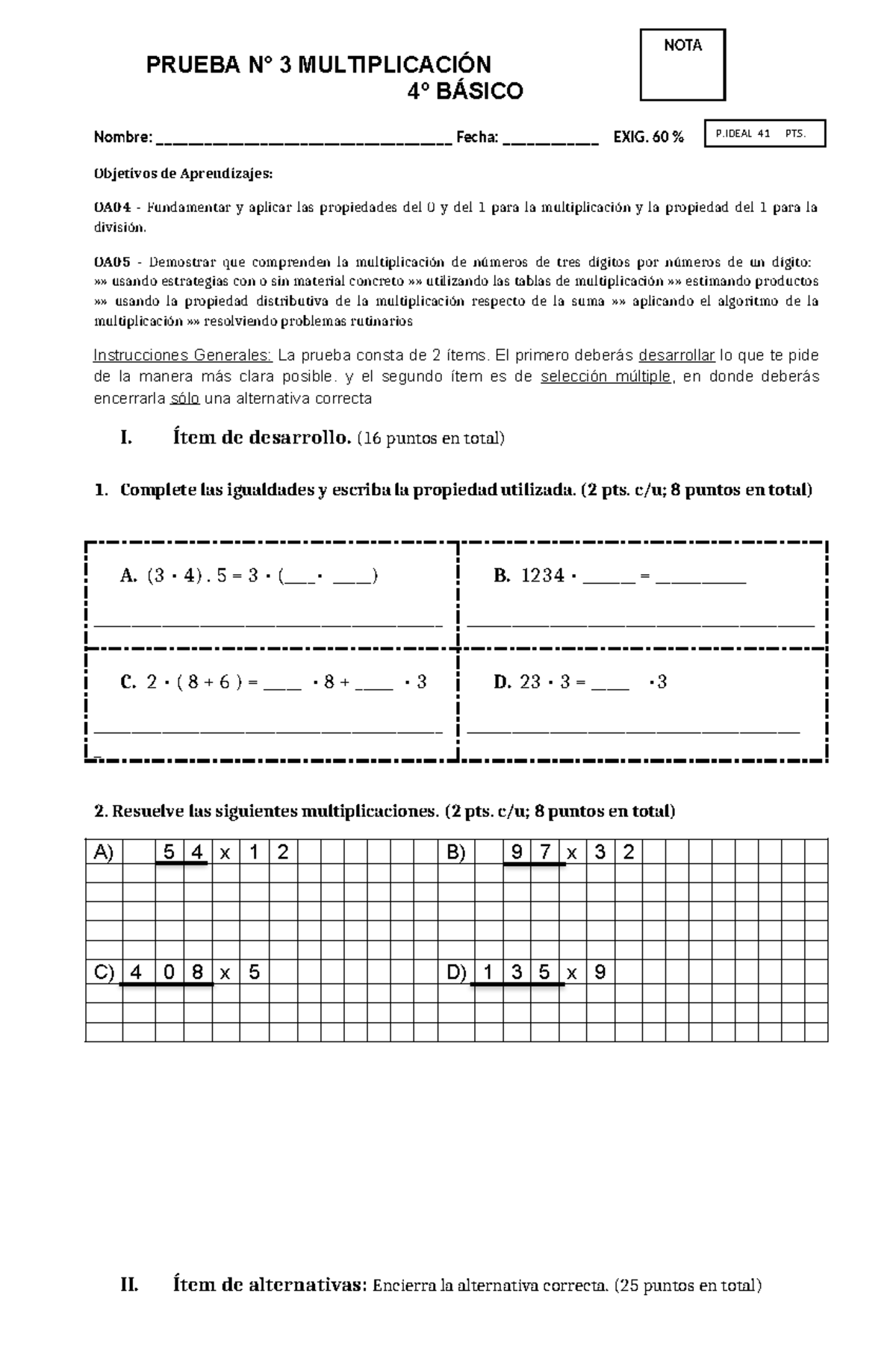 353400844 Prueba de Multiplicación para 4º Básico - Studocu