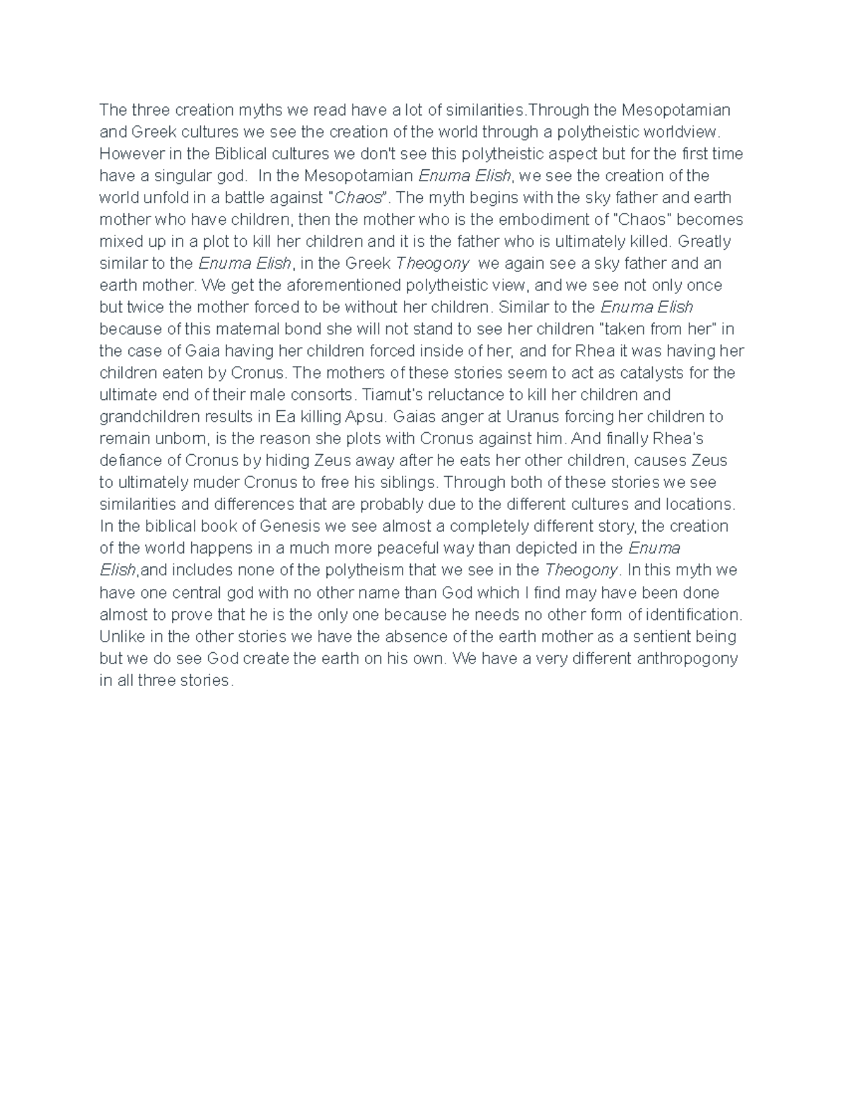 Myth Journal #1: Comparative Analysis of Creation Myths - Studocu