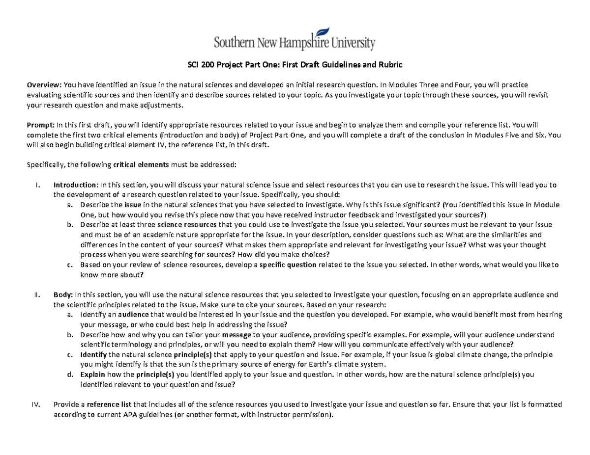 SCI 200 Project Part One: First Draft Guidelines & Assessment Rubric ...