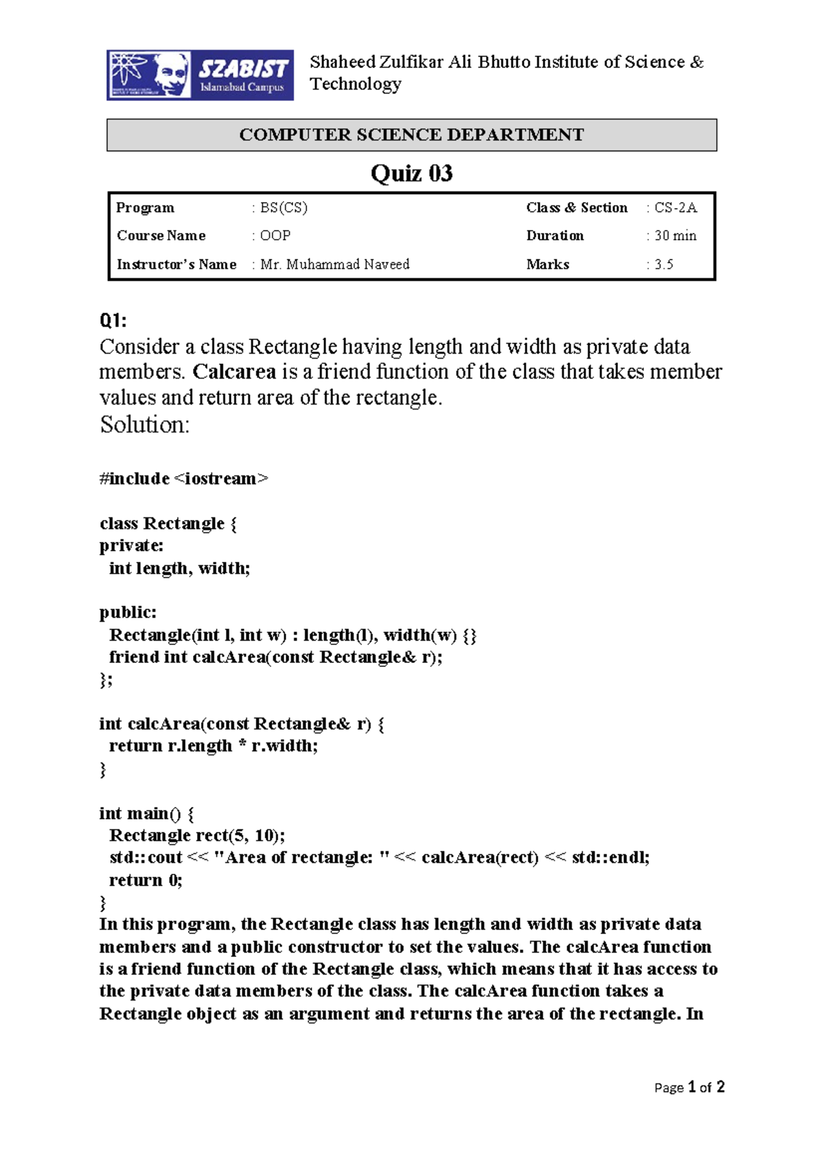 Quiz 03 Solutions - OOP - BS(CS) - Shaheed Zulfikar Ali Bhutto ...