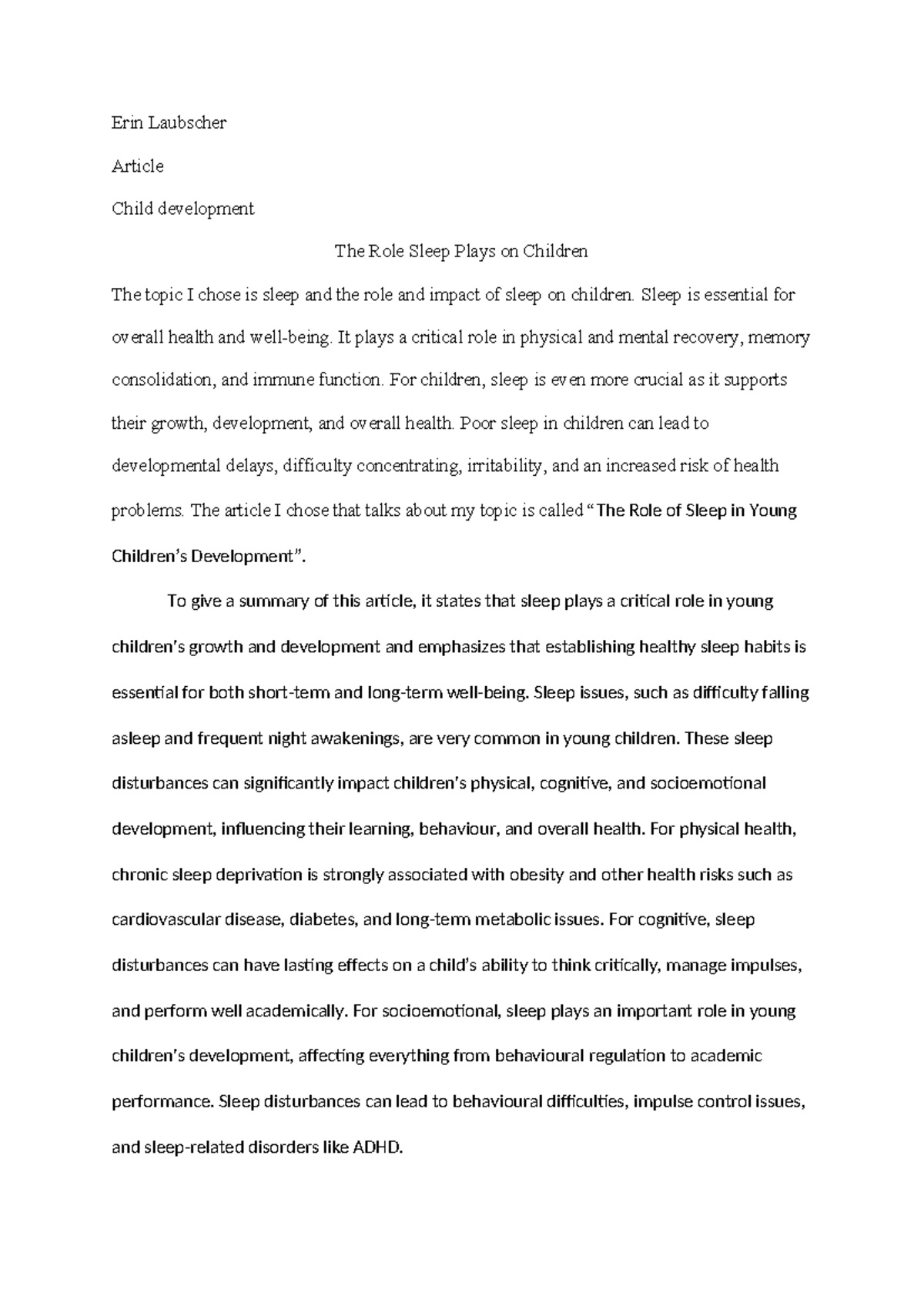 Child Development Article: The Impact of Sleep on Children - Studocu