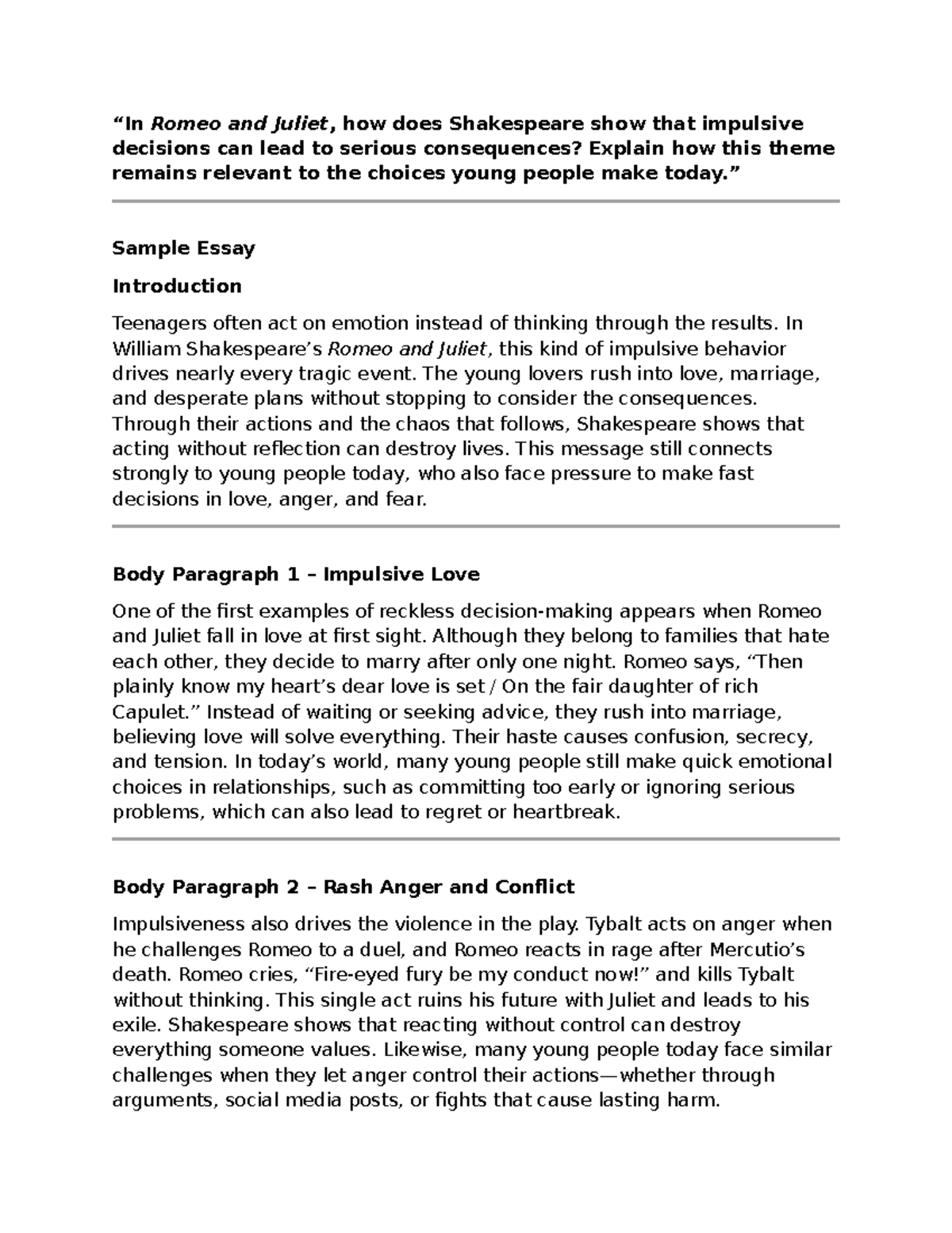 Sample Essay: Impulsiveness in Romeo and Juliet (ENG 101) - Studocu