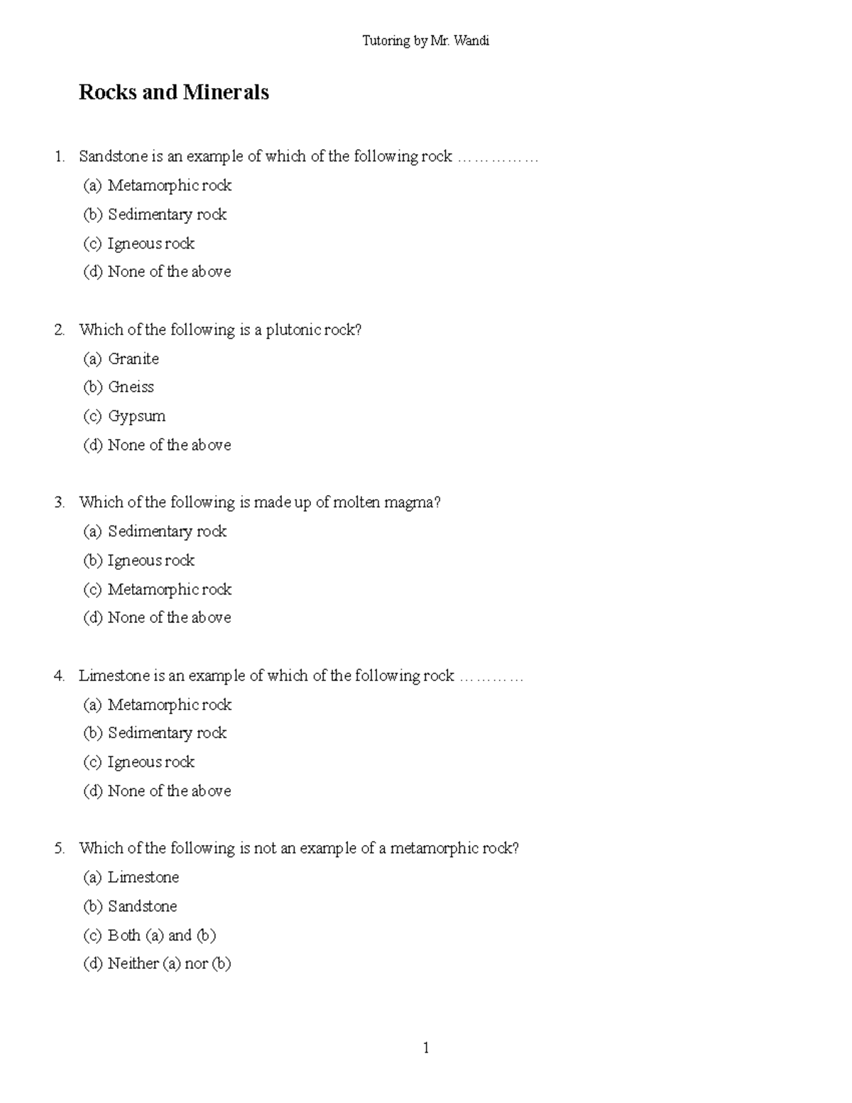 Rocks and Minerals Quiz - Tutoring with Mr. Wandi - Studocu
