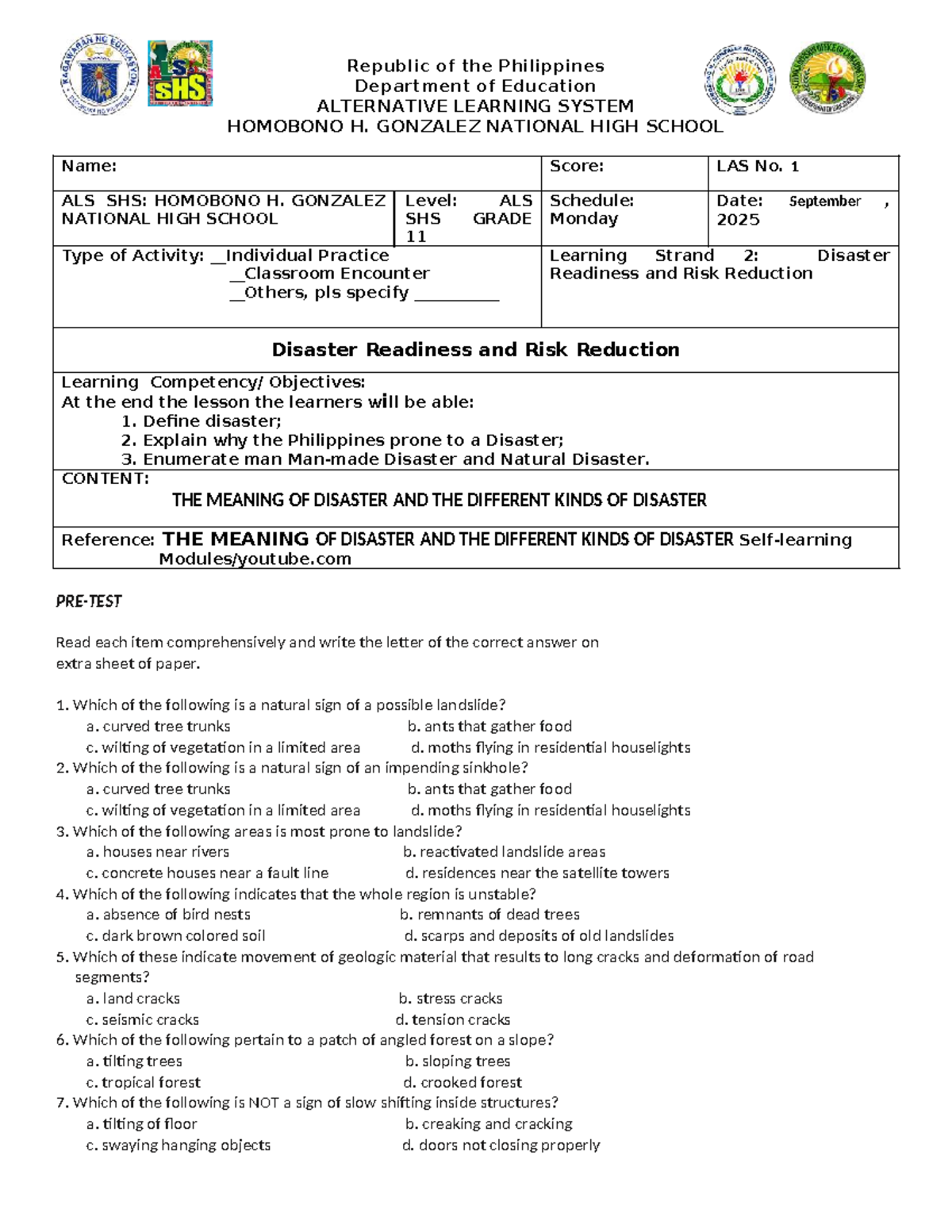DRRR LAS 1: Understanding Disasters and Risk Reduction in ALS SHS G11 - Studocu