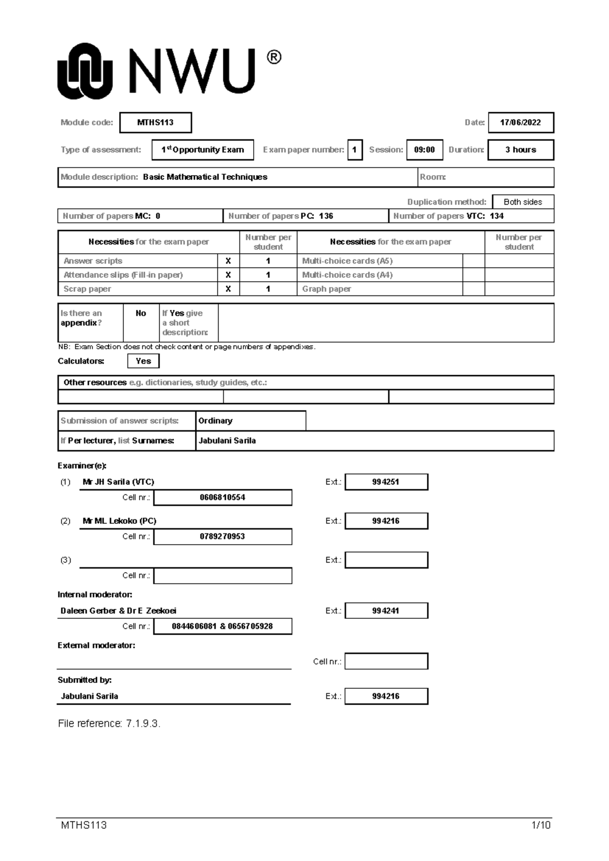 MTHS113 1st Opp Final Exam 2022 - ####### Module code: MTHS113 Date: 17 ...
