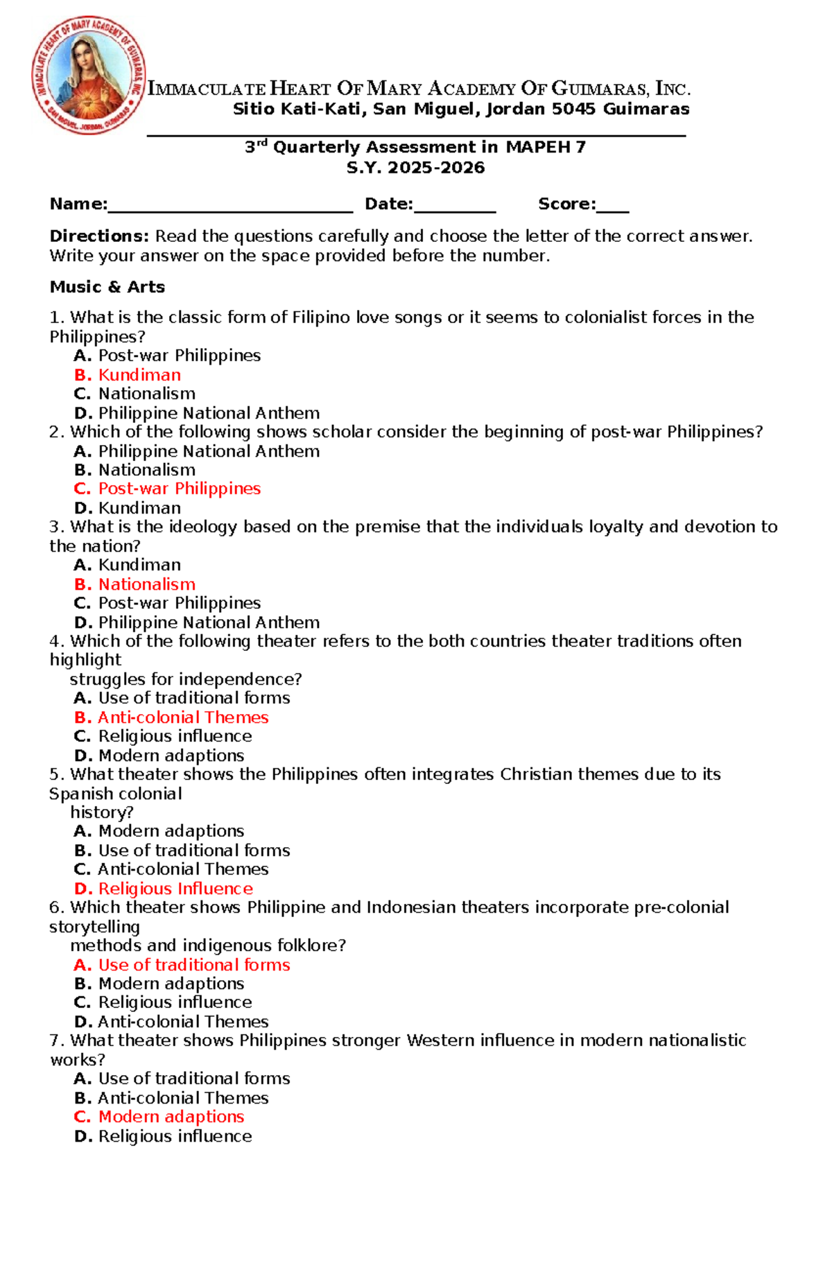 MAPEH 7 S.Y. 3rd Quarterly Assessment: Music & Health Topics - Studocu