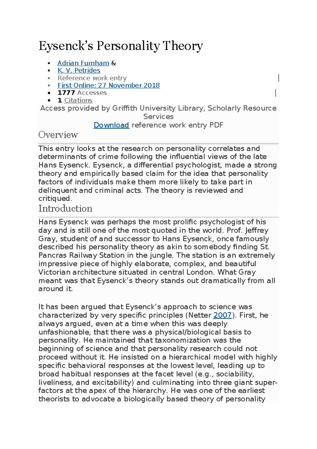 Week 5 Reading - Eysenck's Personality Theory and Crime Analysis - Studocu