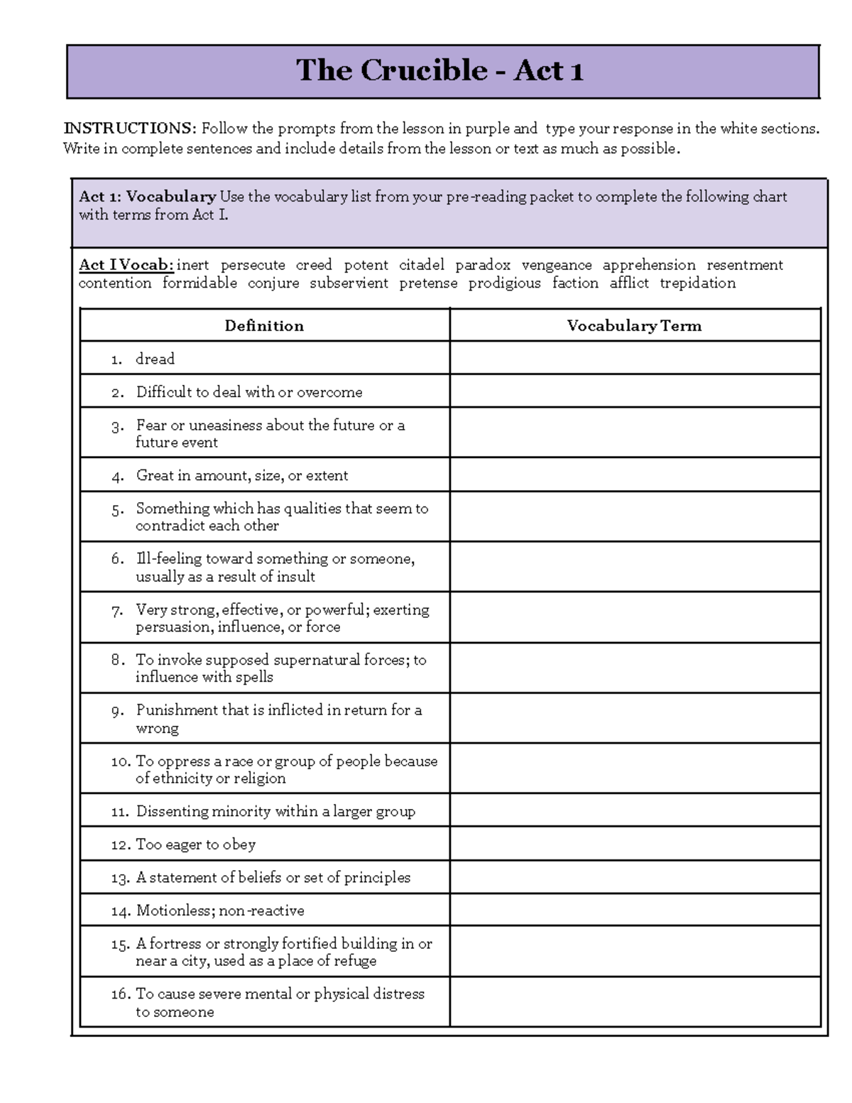 Crucible annotation - The Crucible - Act 1 INSTRUCTIONS: Follow the ...