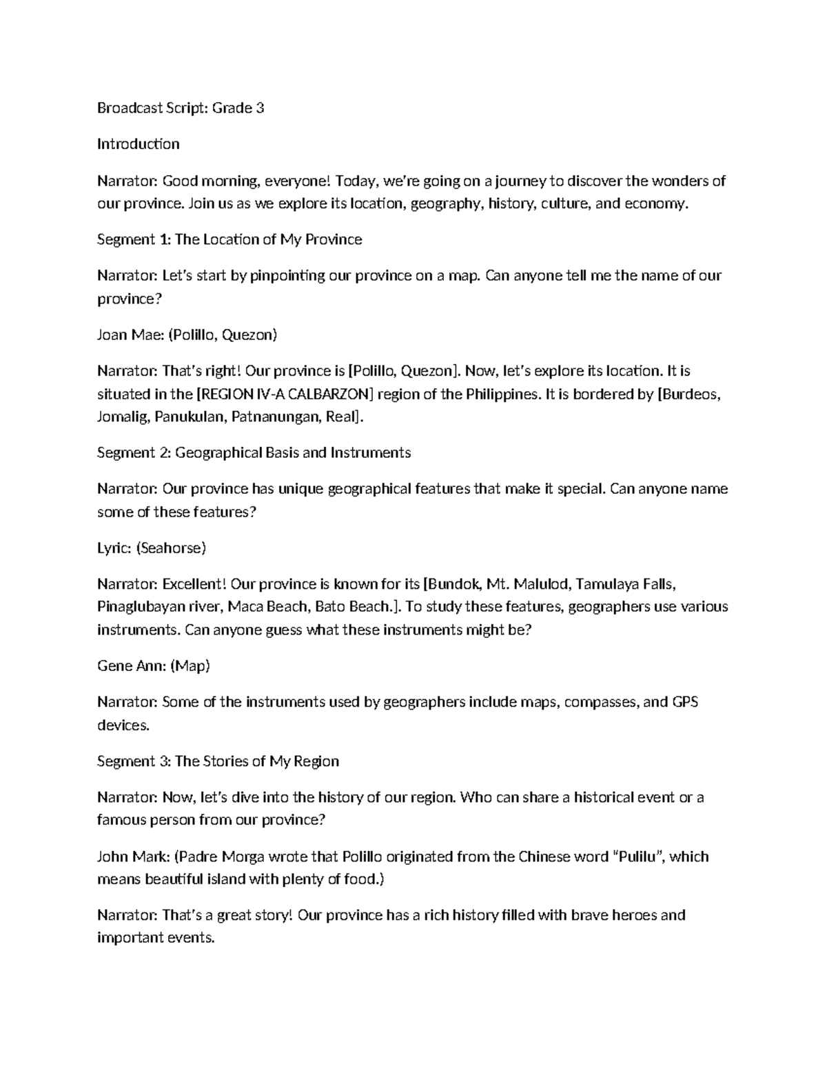 Grade 3 Broadcast Script: Exploring Our Province's Wonders - Studocu