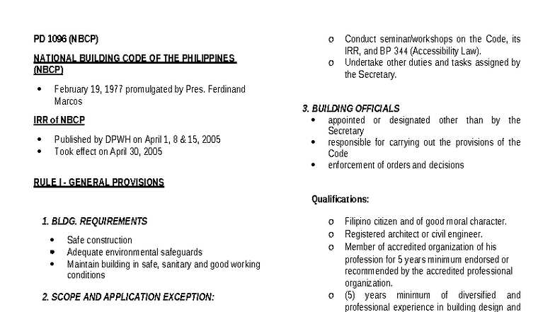 National Building Code of the Philippines (PD 1096) Summary - Studocu