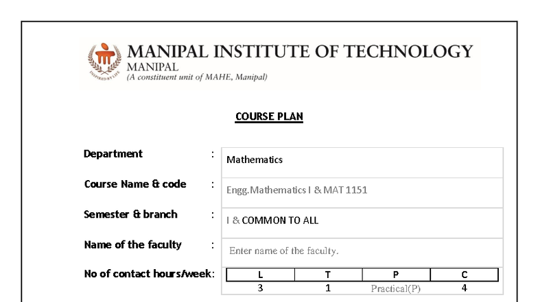 Course Plan for MAT 1151 - Engineering Mathematics I - Studocu