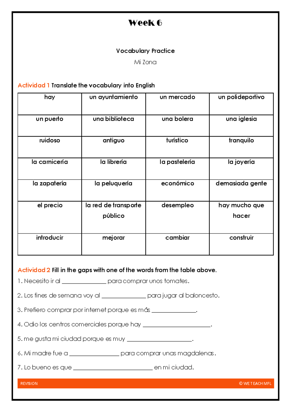 WEEK 6 Foundation Spanish - Week 6 Vocabulary Practice Mi Zona ...