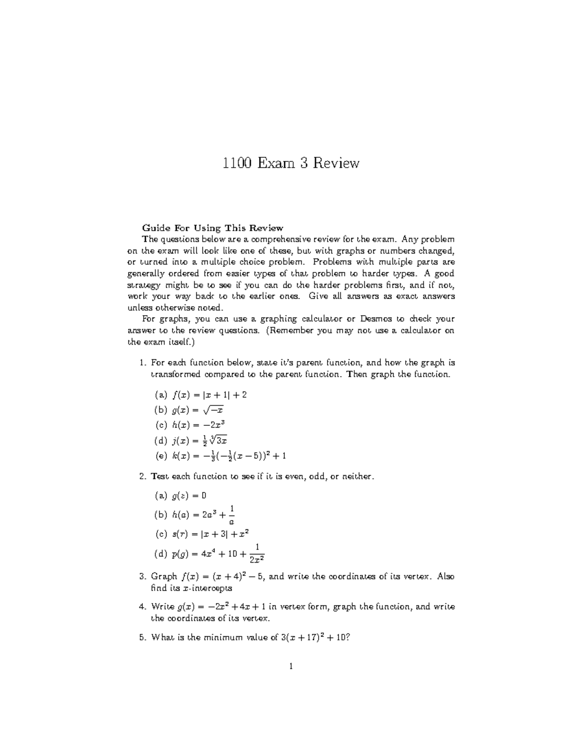 MATH 1100 Exam 3 Review - study exam - 1100 Exam 3 Review Guide For ...
