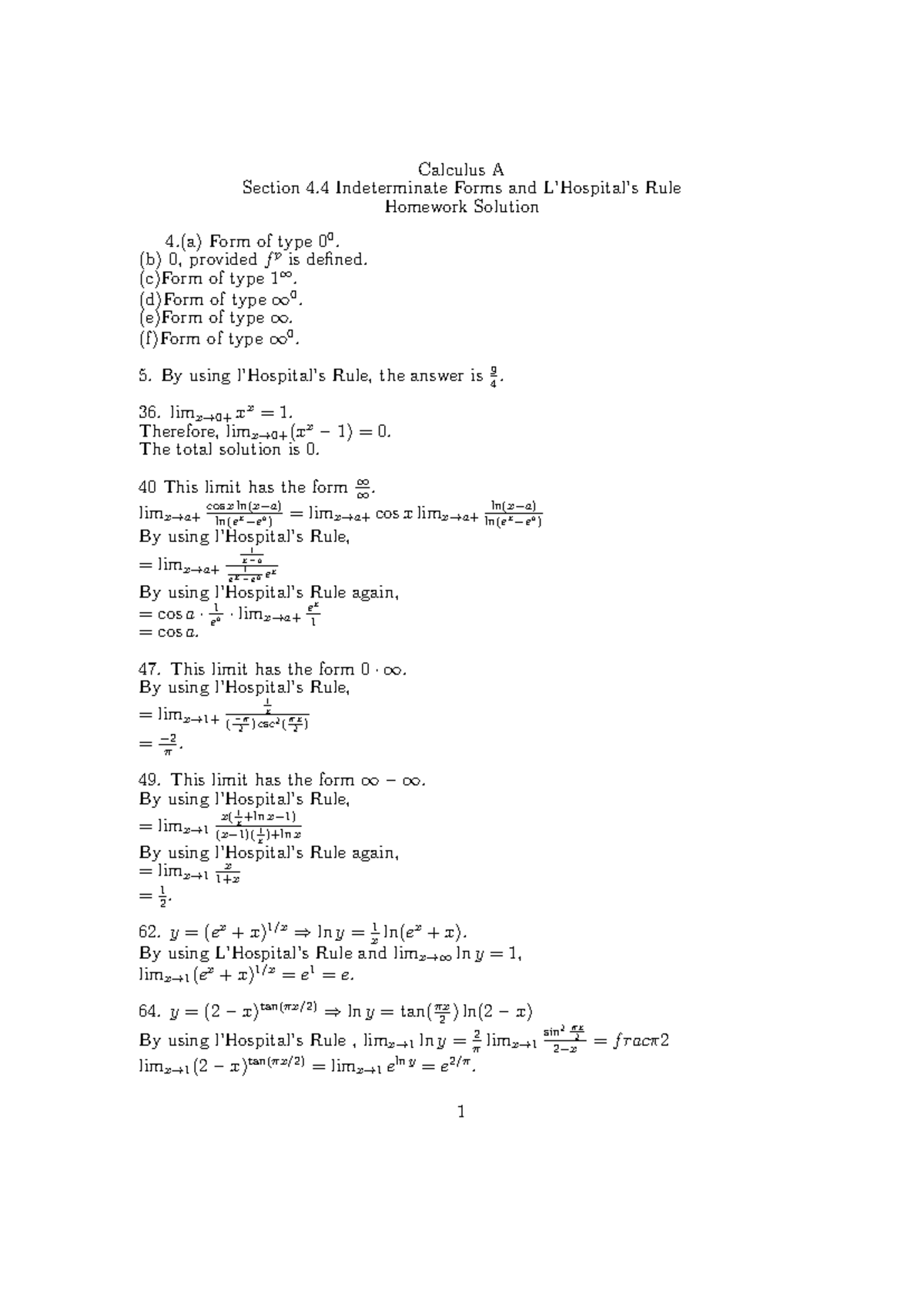 4 - Summary Calculus - Calculus A Section 4 Indeterminate Forms and L ...