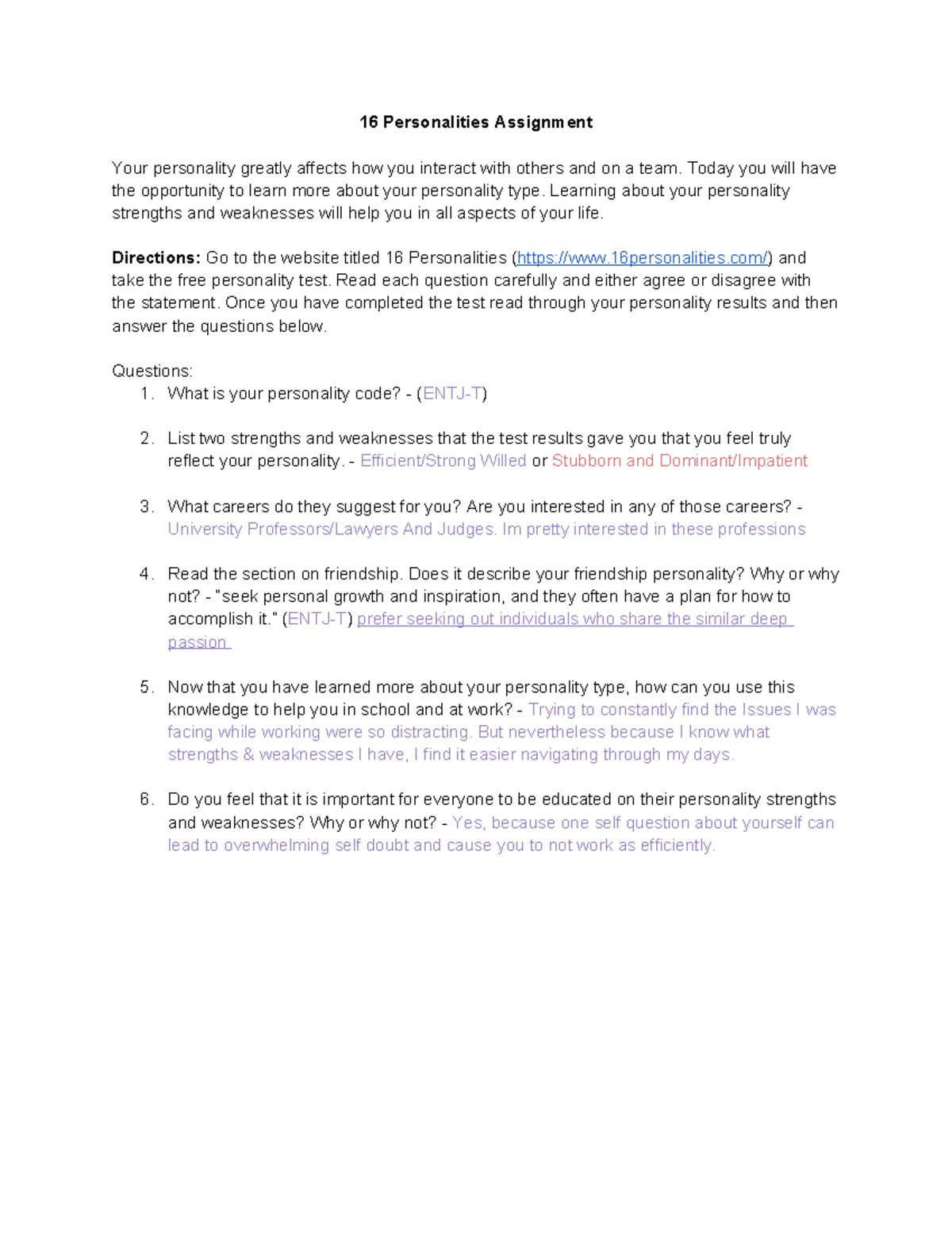 16 Personalities Assignment: Understanding Yourself and Others - Studocu