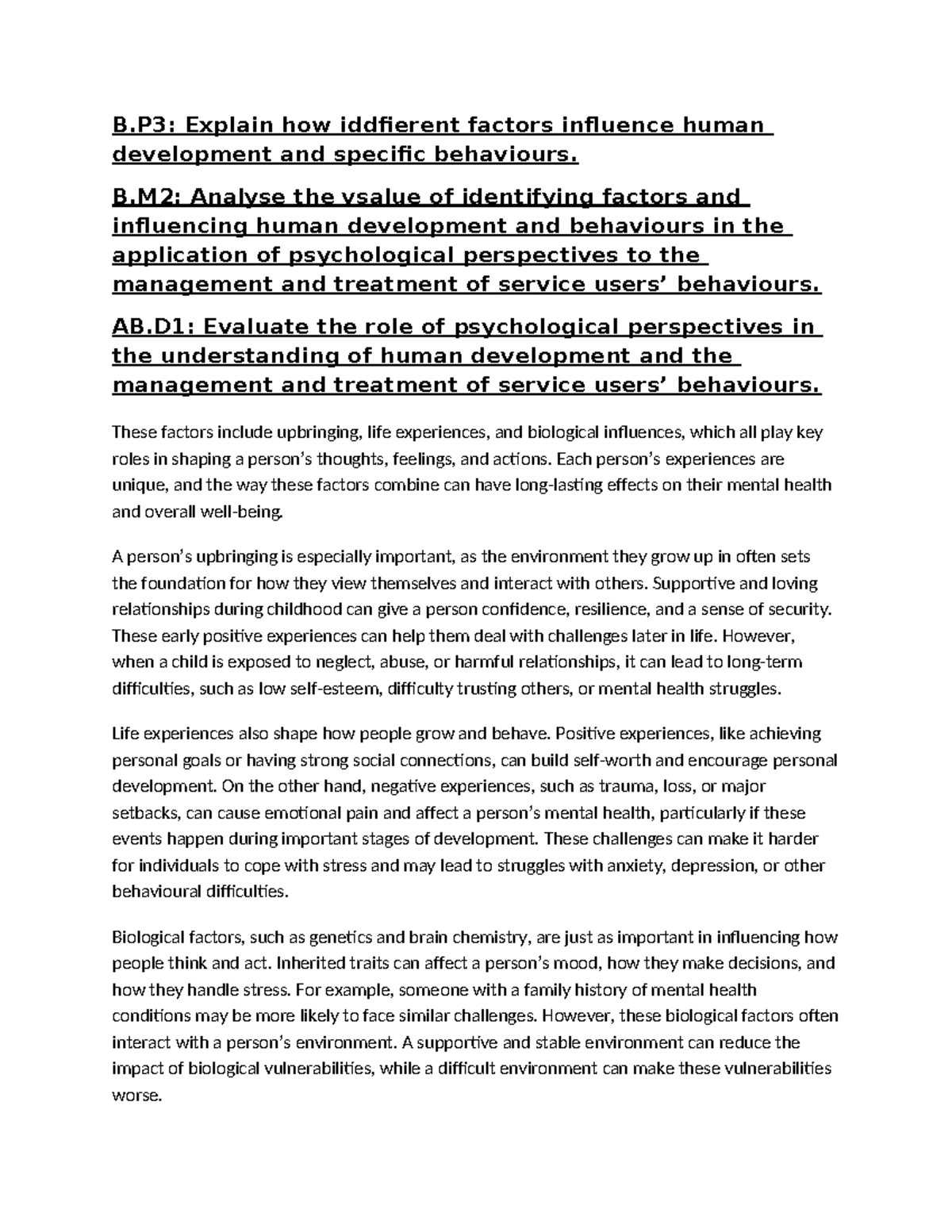 P3 Unit 11: Factors Influencing Human Development & Behaviours Analysis ...