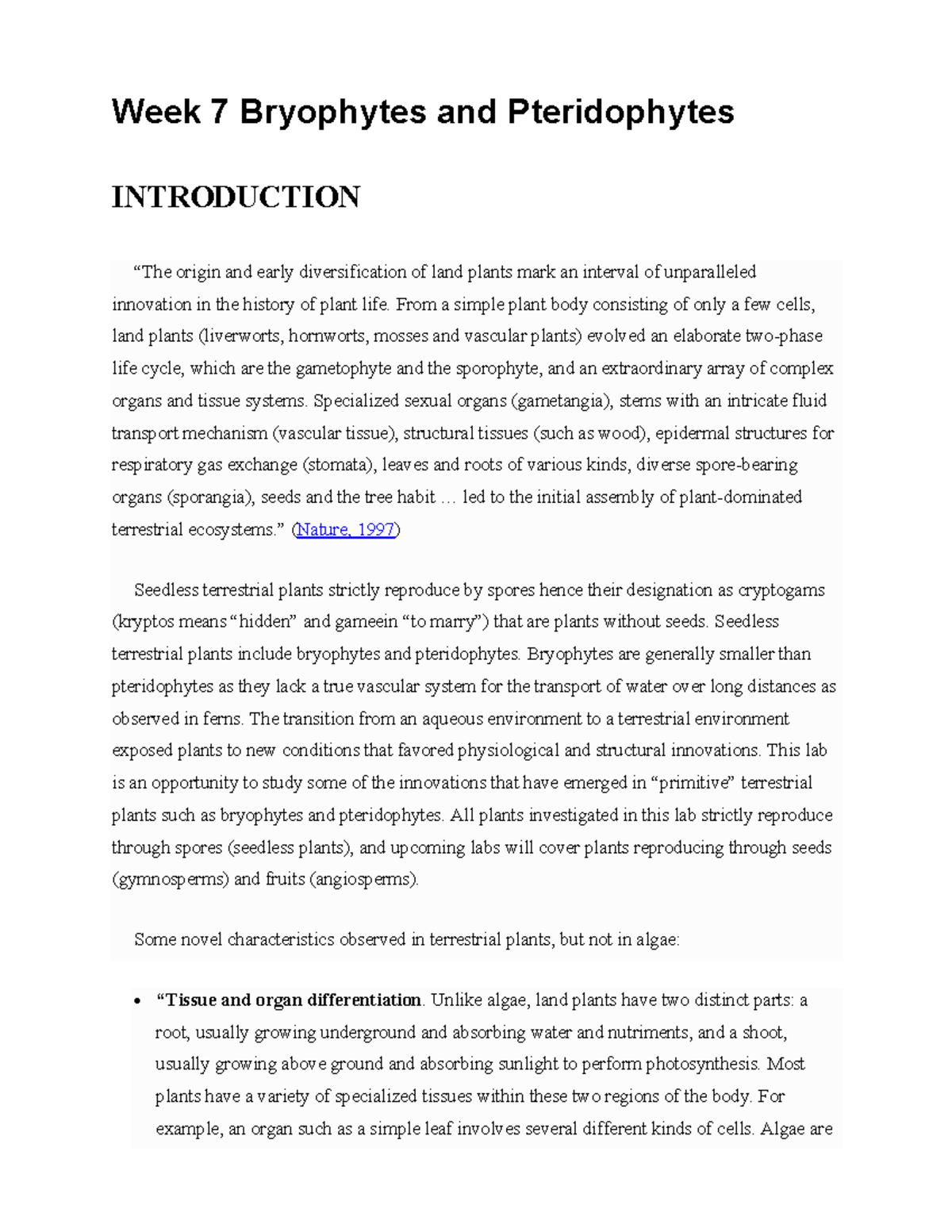 Week 7 Lab: Bryophytes & Seedless Vascular Plants (BIO 101) - Studocu