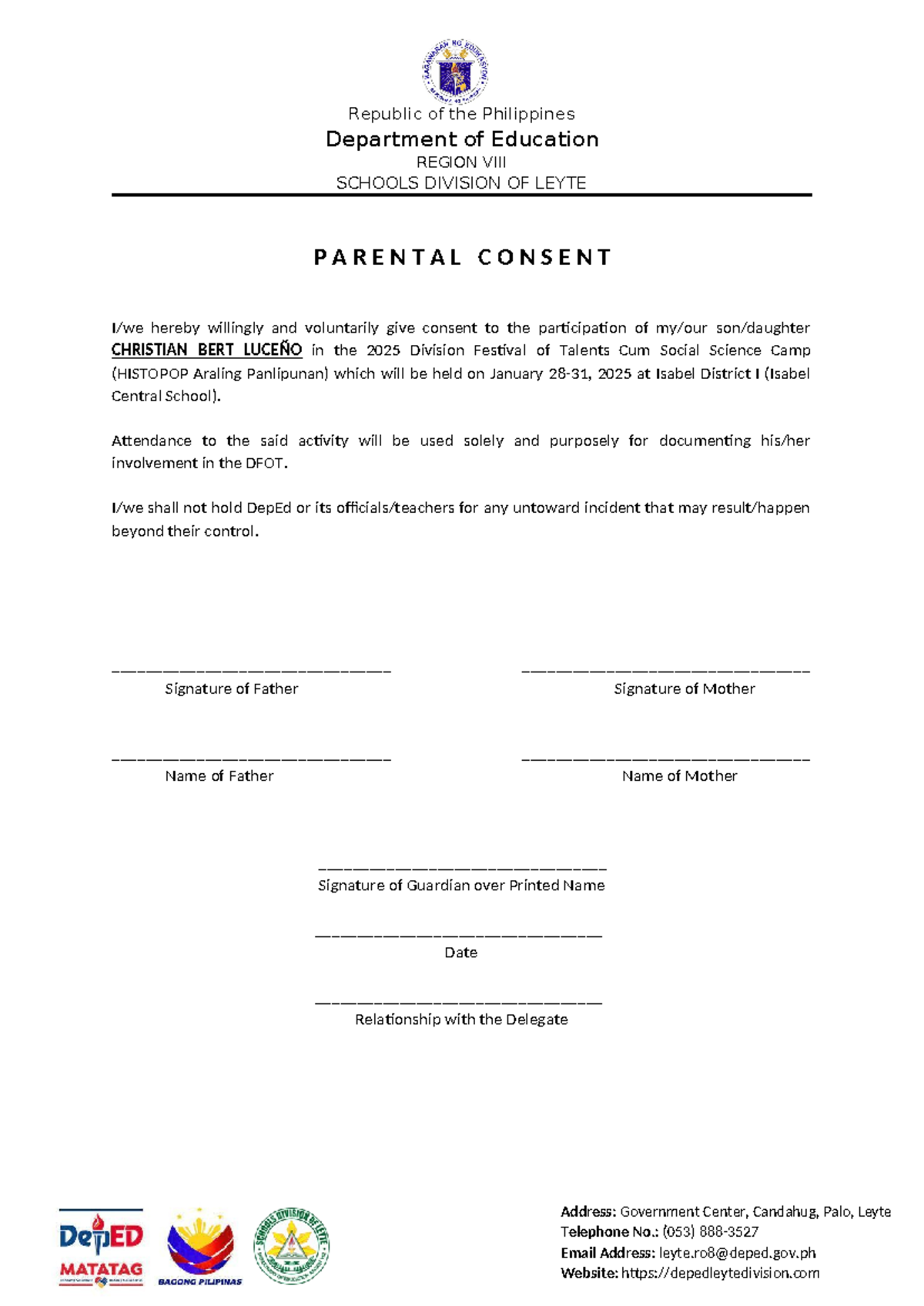 DFOT Parental Consent - For reference puposes - Address: Government Center, Candahug, Palo ...