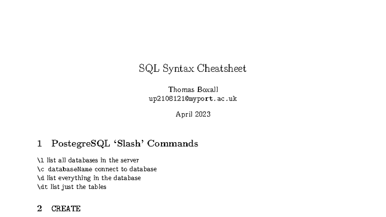 SQL Basics Cheat Sheet (A4) - PostgreSQL Commands & Functions - Studocu