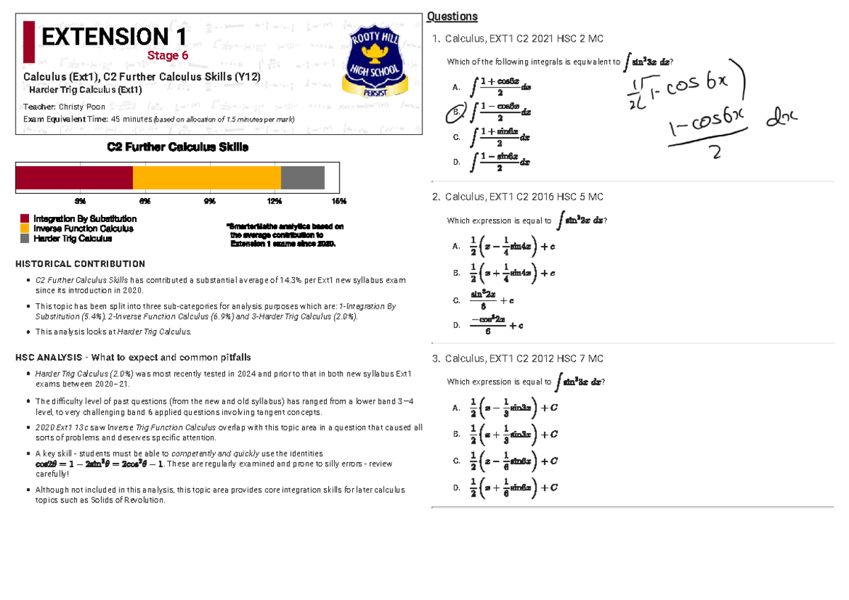 Harder Trig Calculus Questions EXT1 C2 for HSC Exam Preparation - Studocu