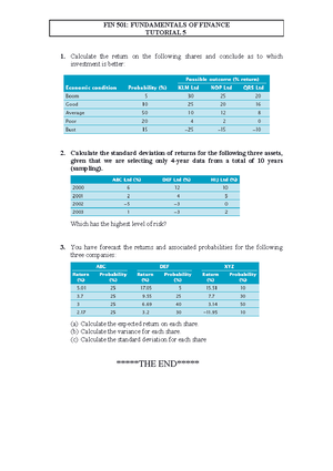 Tutorial 3 - FIN 601: CORPORATE FINANCE TUTORIAL 3: QUESTIONS 1) Zurik Co. manufactures ...
