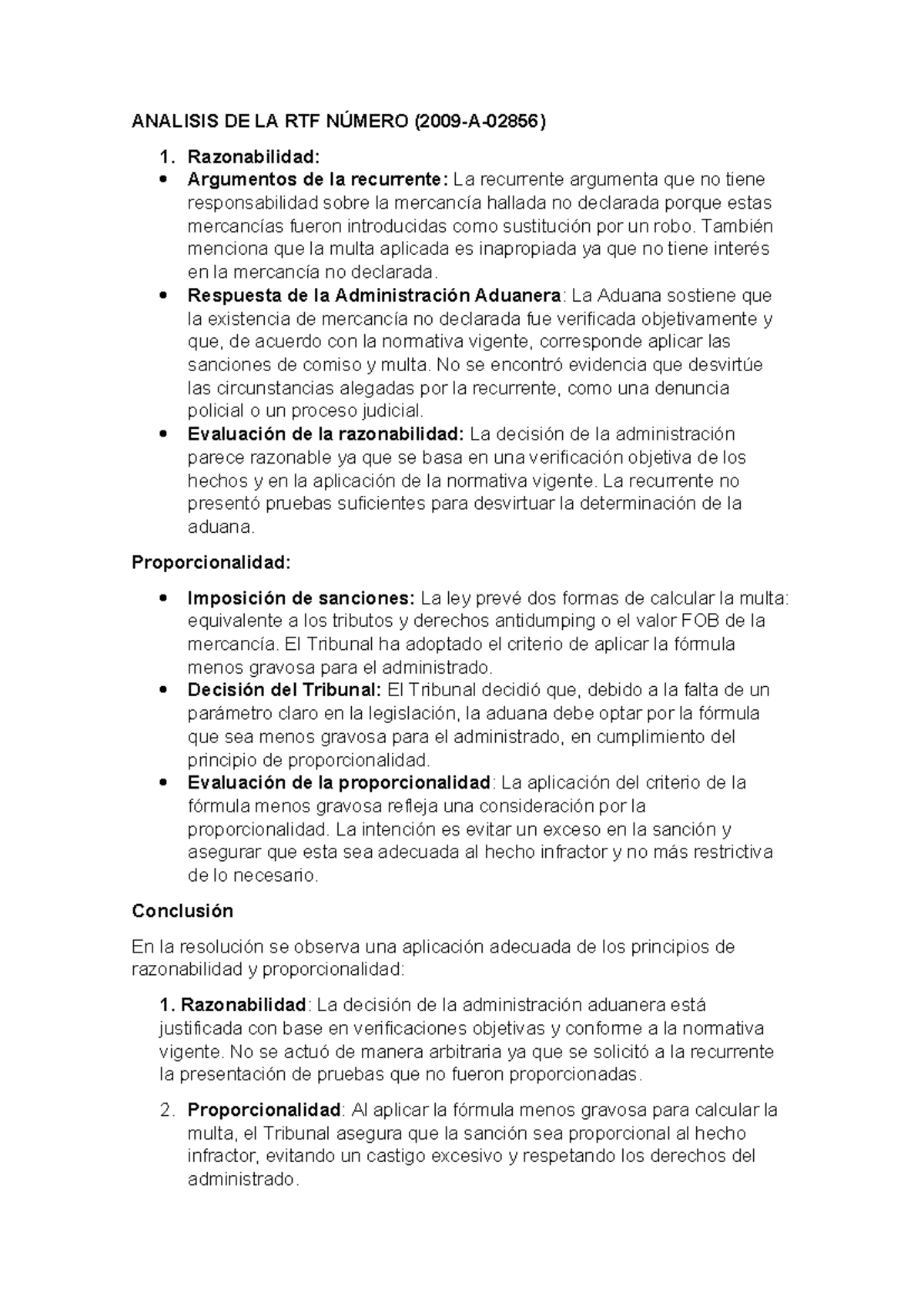 RTF Análisis: Proporcionalidad y Razonabilidad en Caso (2009-A-02856 ...