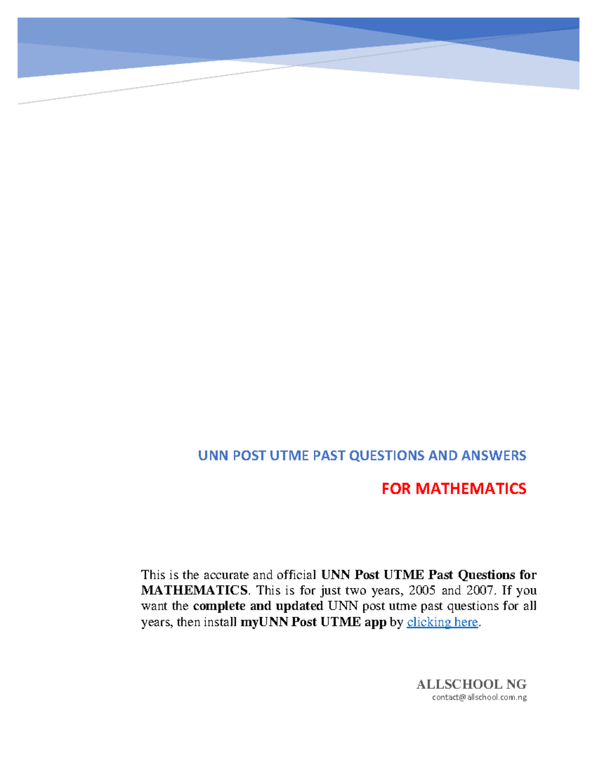 UNN POST UTME PAST QUESTIONS & ANSWERS: MATHEMATICS (2005 & 2007) - Studocu