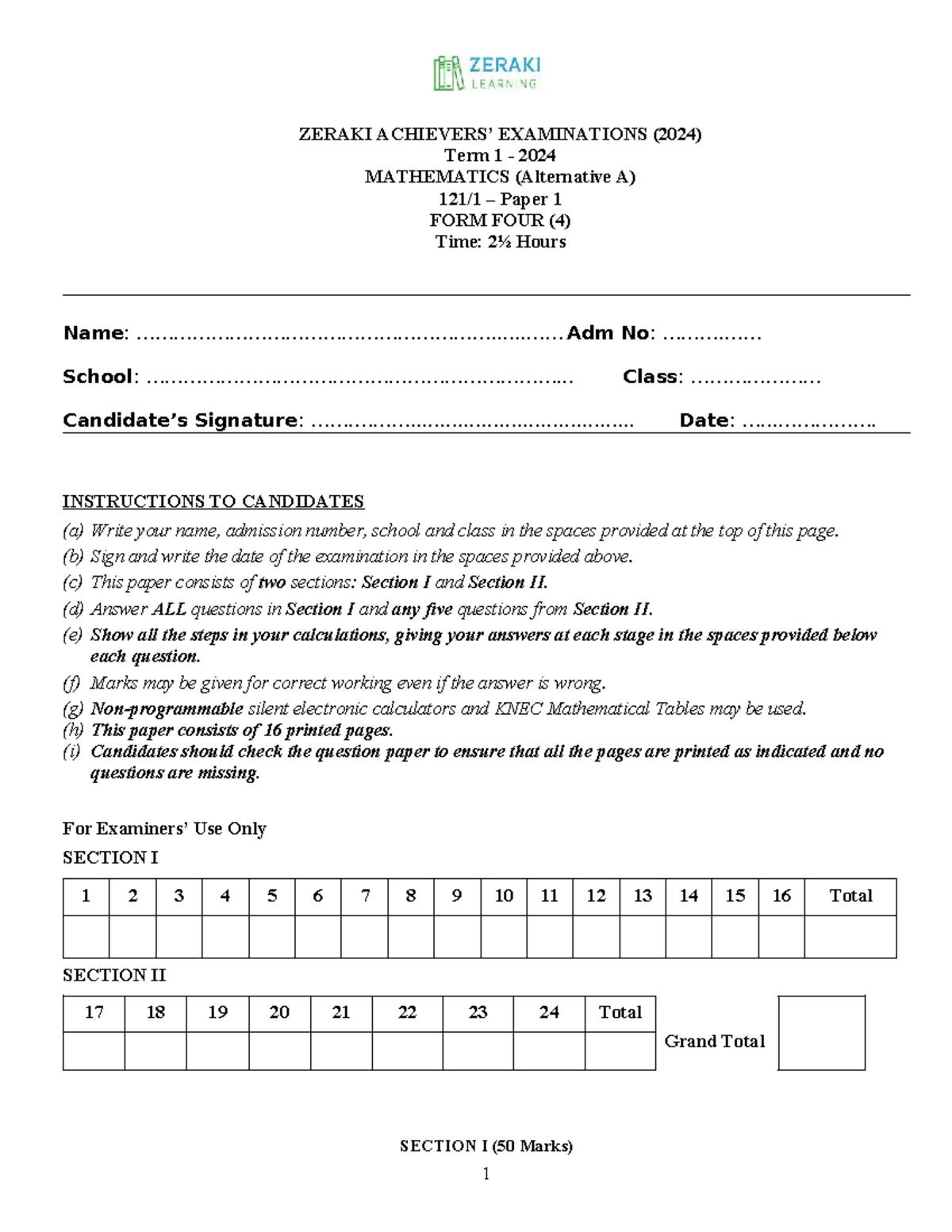 MATHEMATICS FORM 4 (2024) Term 1 Exam Paper 1 Revision Guide - Studocu
